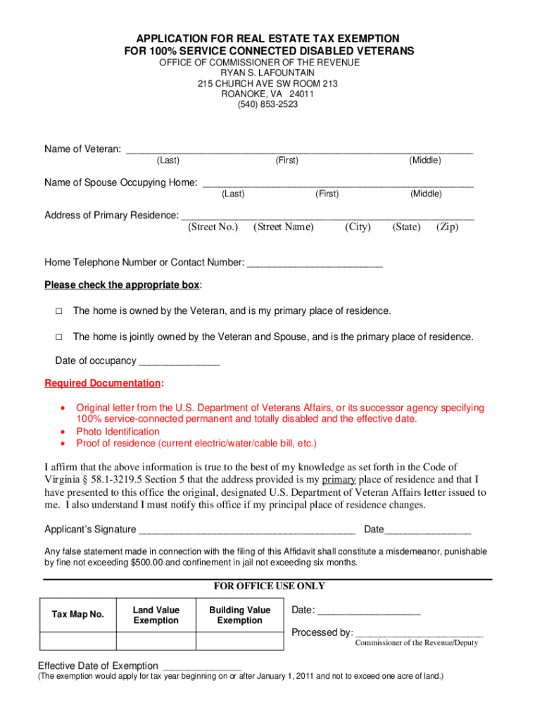 Fillable Online application for real estate tax exemption for 100% ...