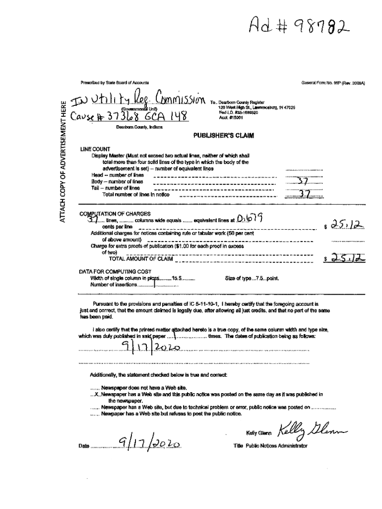 Fillable Online Publisher's claim, general form no. 99P - Indiana State ...