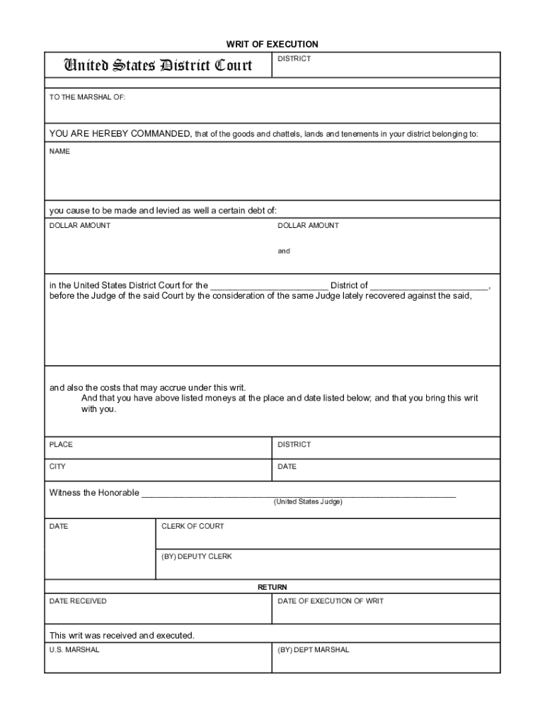 Fillable Online Writ of Execution - United States District Court Fax ...