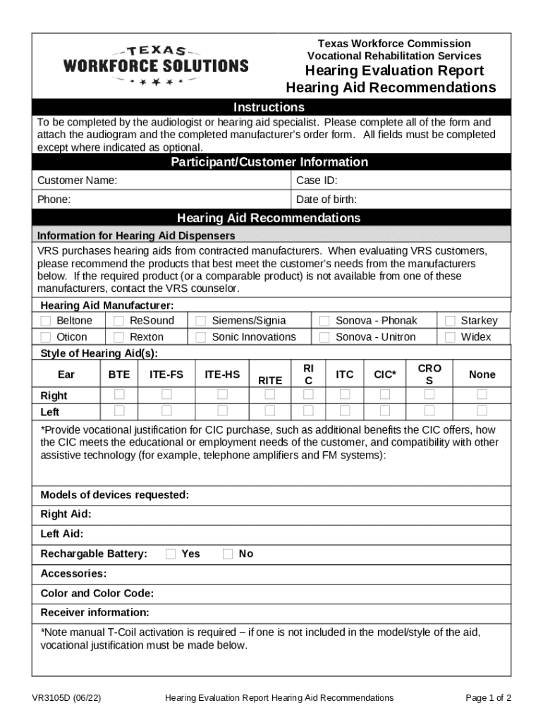 www.twc.texas.govsVR3105DVR3105D Hearing Evaluation Report: Hearing Aid ...