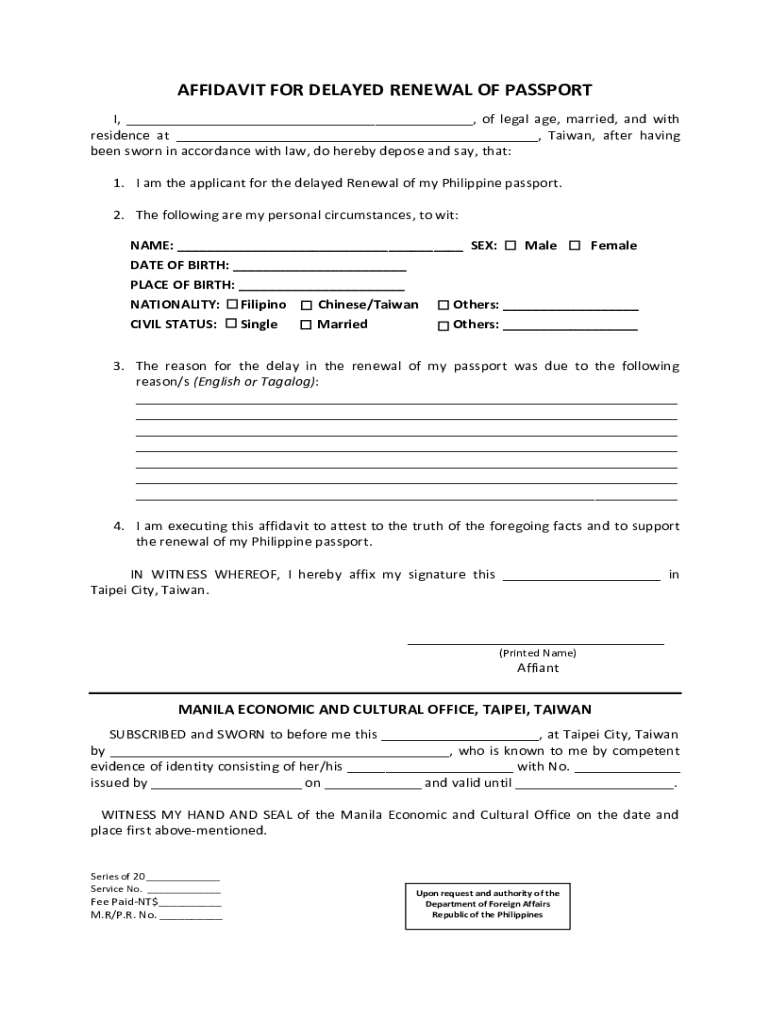 Fillable Online AFFIDAVIT FOR DELAYED RENEWAL OF PASSPORT - MECO Fax Email Print - pdfFiller