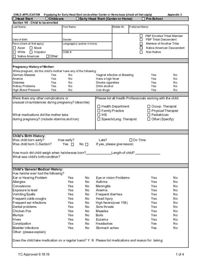 Fillable Online CHILD APPLICATION If applying for Early Head Start circle either Center ... Fax ...
