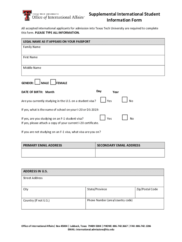 Fillable Online www.depts.ttu.eduinternationalattachmentsSupplemental International Student ...