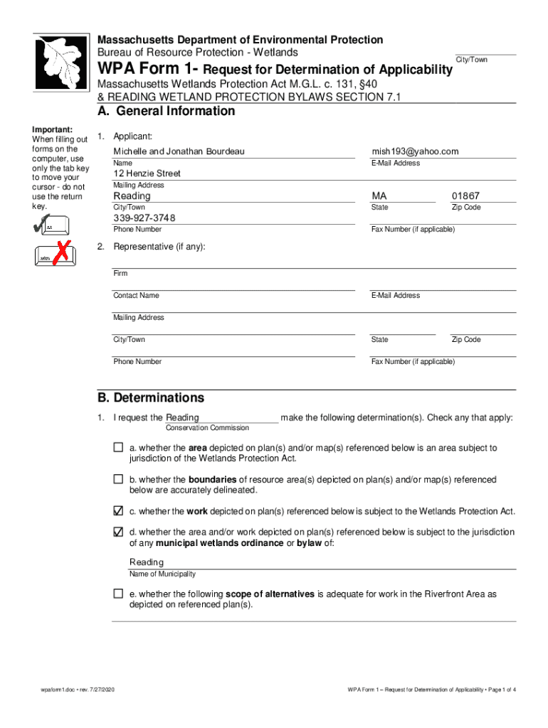 Fillable Online Wetlands ProtectionMass.govWPA Form 1: Request for ...