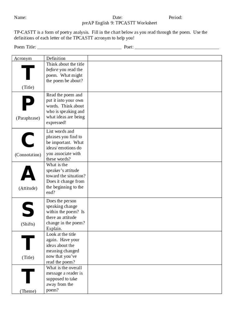 SpringBoard TP-CASTT Worksheet Doc Template | pdfFiller