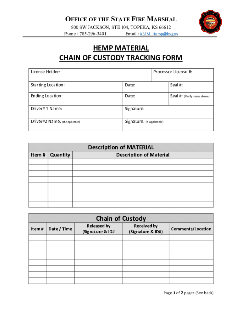 Fillable Online HEMP MATERIAL CHAIN OF CUSTODY TRACKING FORM Fax Email ...