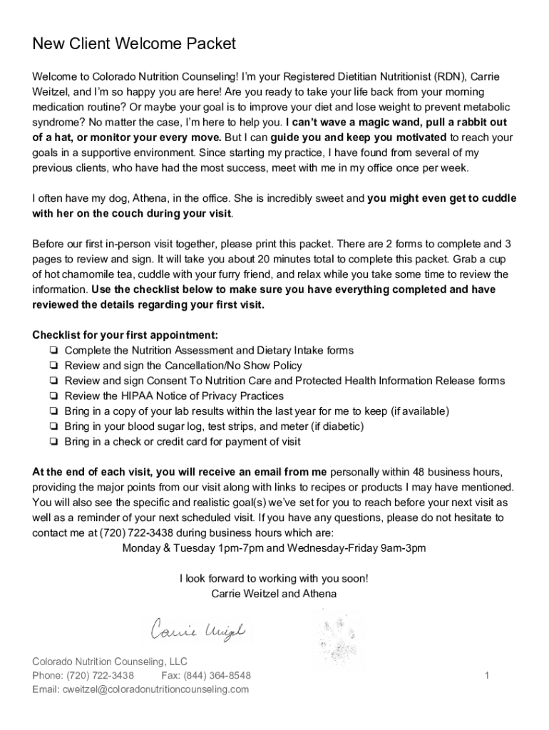 Fillable Online New Client Welcome Packet - Colorado Nutrition ...