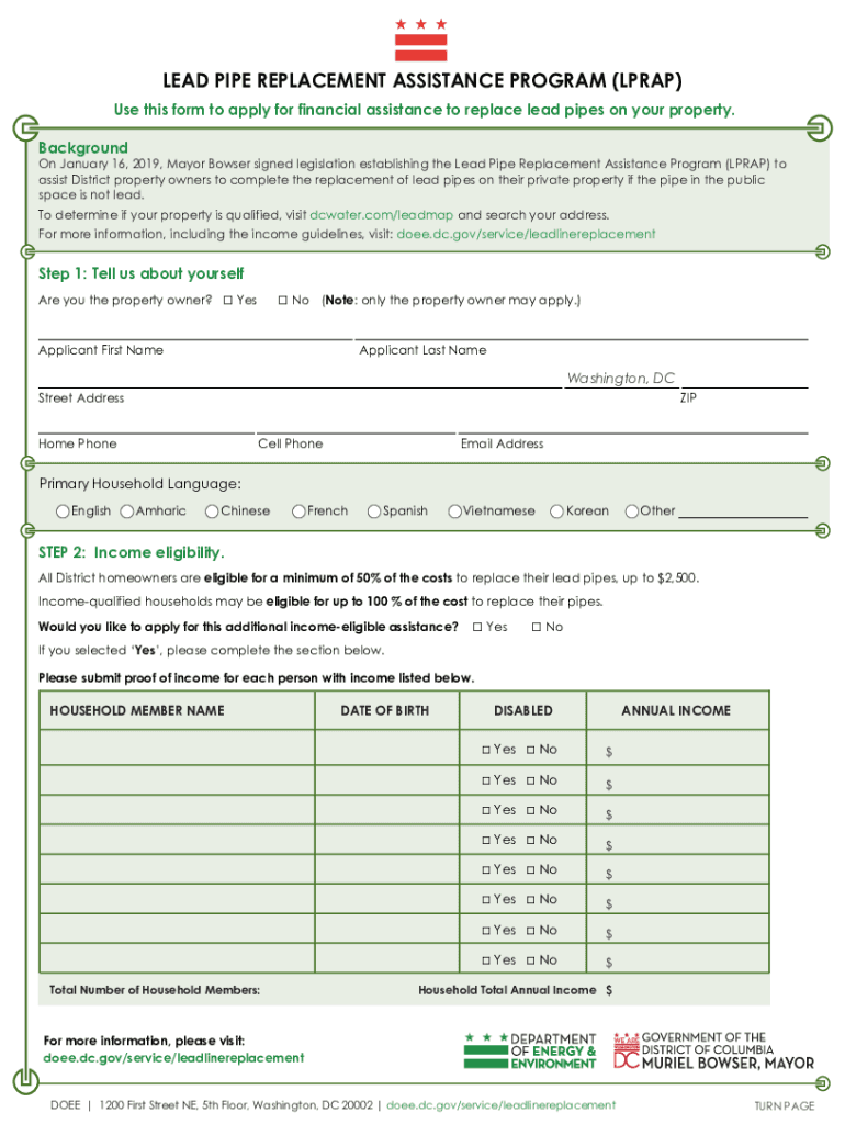 Fillable Online doee.dc.govservicelead-pipe-replacementLead Pipe Replacement Assistance ...