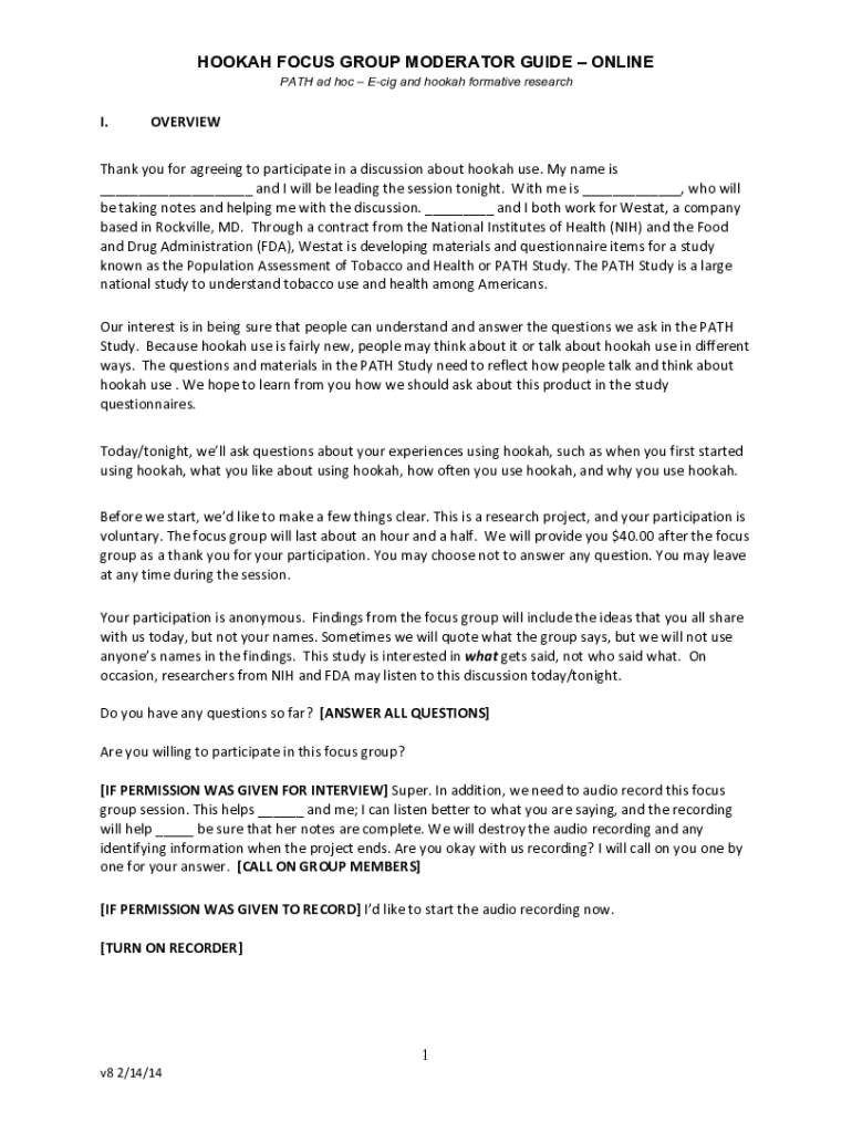 Fillable Online www.reginfo.govpublicdoHOOKAH FOCUS GROUP MODERATOR GUIDEIN PERSON - REGINFO.GOV ...