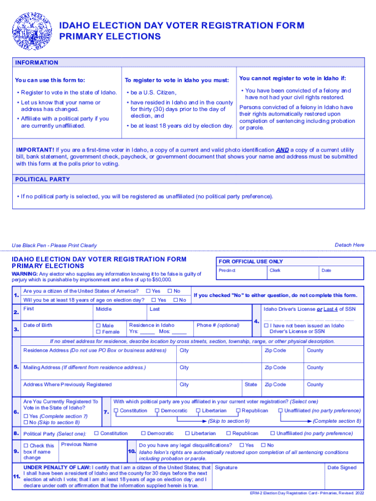 Fillable Online sos.idaho.govelectionsformsIdaho Voter Registration ...