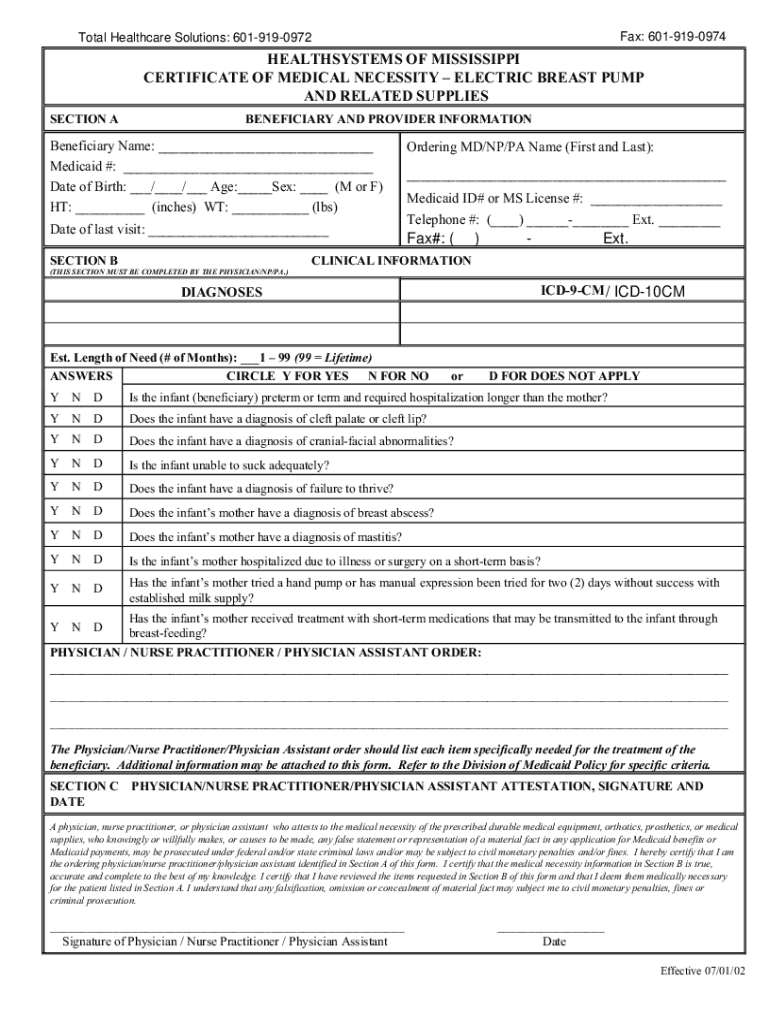 Fillable Online www.thcaremedical.com06Breast-Pump-CMNHEALTHSYSTEMS OF MISSISSIPPI CERTIFICATE ...