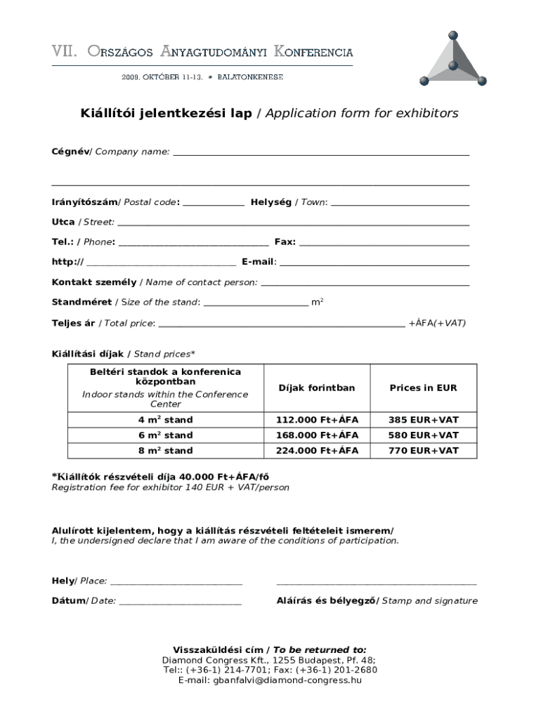 Killti jelentkezsi lap / Application for exhibitors Doc Template ...