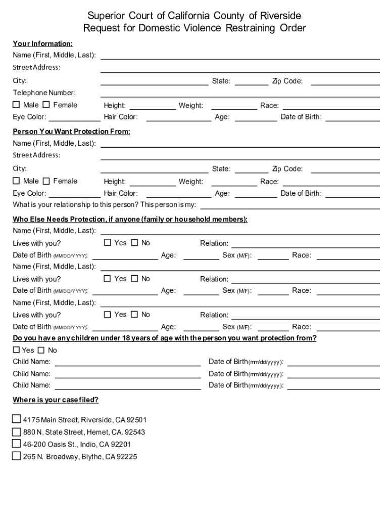 Fillable Online Domestic Violence Restraining Order with Minor(s) Child ...
