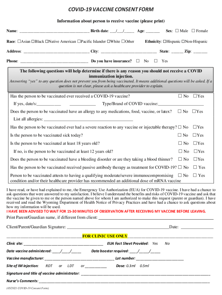Fillable Online COVID-19 VACCINE CONSENT FORM Fax Email Print - pdfFiller