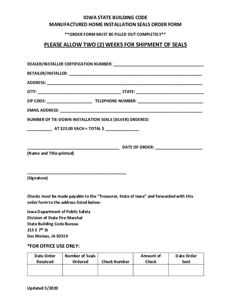 Fillable Online STATE OF IOWA MODULAR SEALS/MODULAR INSTALLATION ...