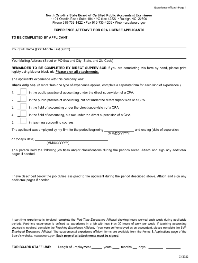 Fillable Online EXPERIENCE AFFIDAVIT FOR CPA LICENSE APPLICANTS TO BE ...