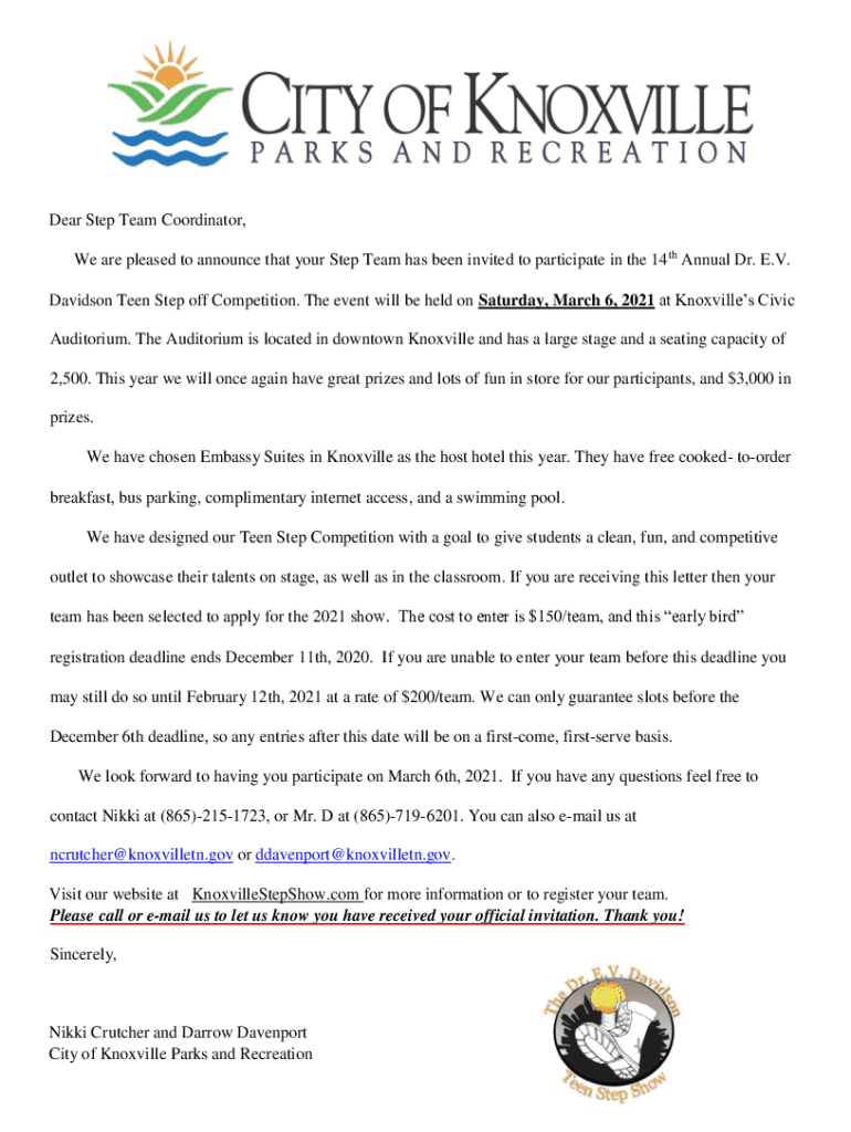 Fillable Online Dear Step Team Coordinator, We are pleased to announce ...