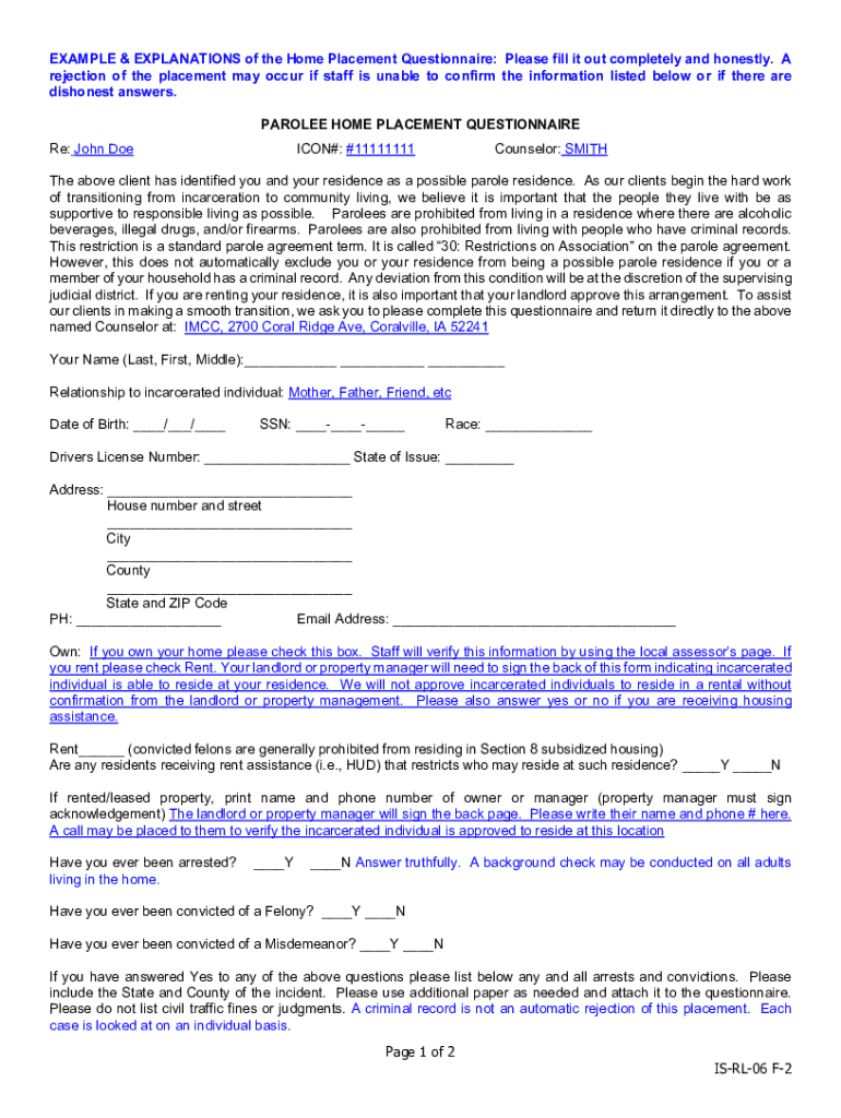 Fillable Online doc.iowa.govsitesdefaultHome Placement Questionnaire ...