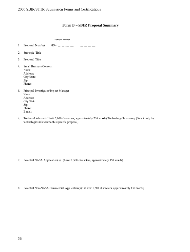 Fillable Online sbir nasa sbir.gsfc.nasa.govsitesdefault2005 SBIR/STTR ...