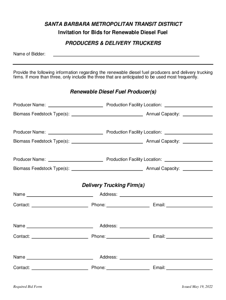 Fillable Online Invitation for Bids for Renewable Diesel Fuel ...
