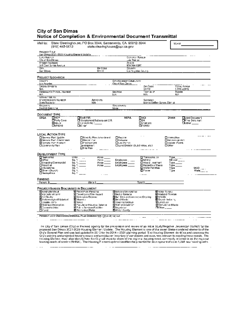 Fillable Online City of San Dimas Notice of Completion & Environmental ...