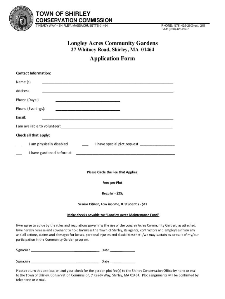 Fillable Online TOWN OF SHIRLEY Longley Acres Community Gardens ...