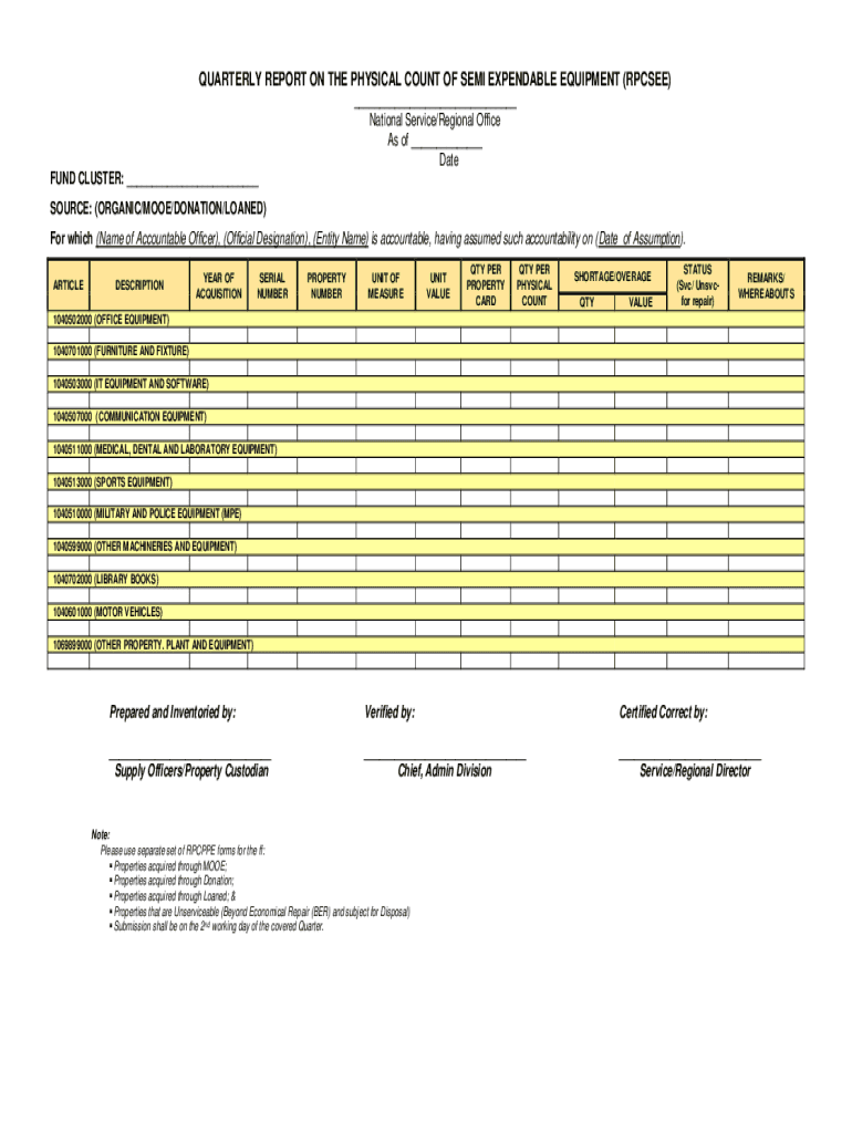 Fillable Online Report on Physical Count of Semi Expandable Equipment ...