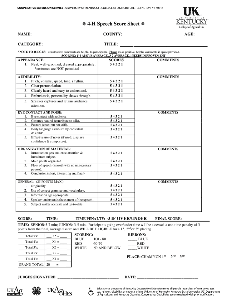 Fillable Online garrard ca uky Speech Scoring Sheet - Fill and Sign ...