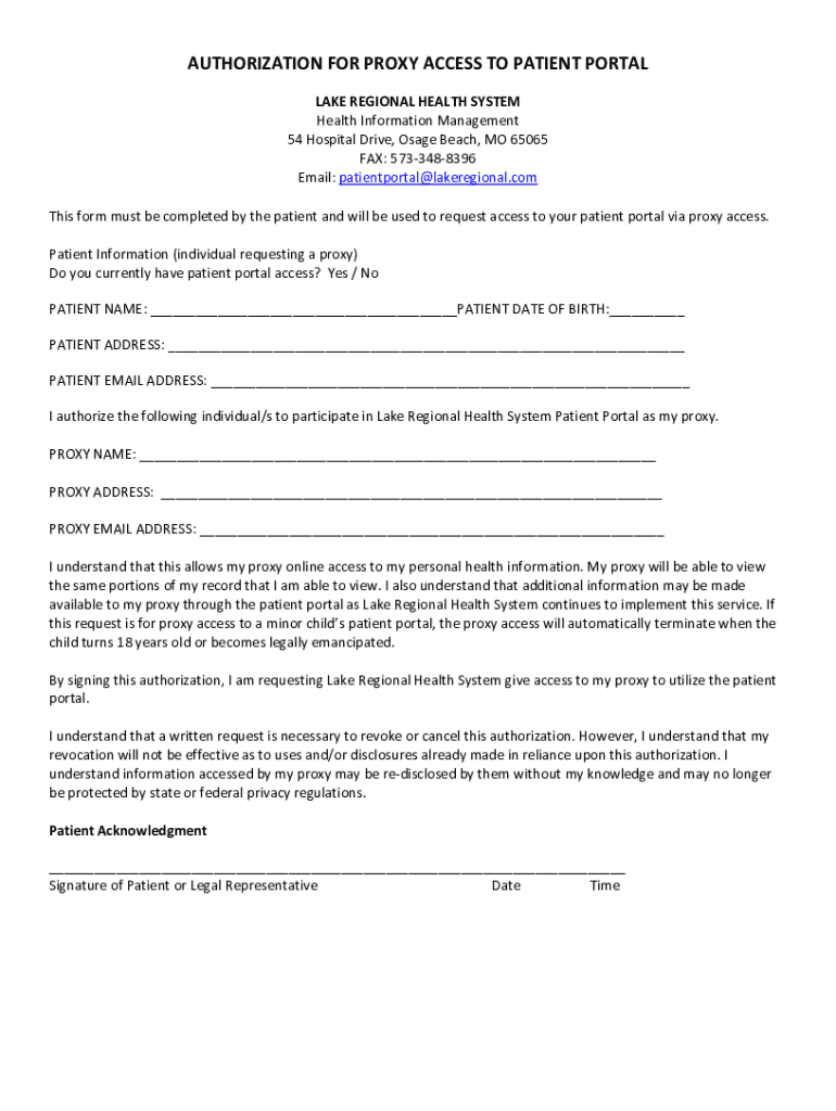 Fillable Online AUTHORIZATION FOR PROXY ACCESS TO PATIENT PORTAL.doc Fax Email Print - pdfFiller