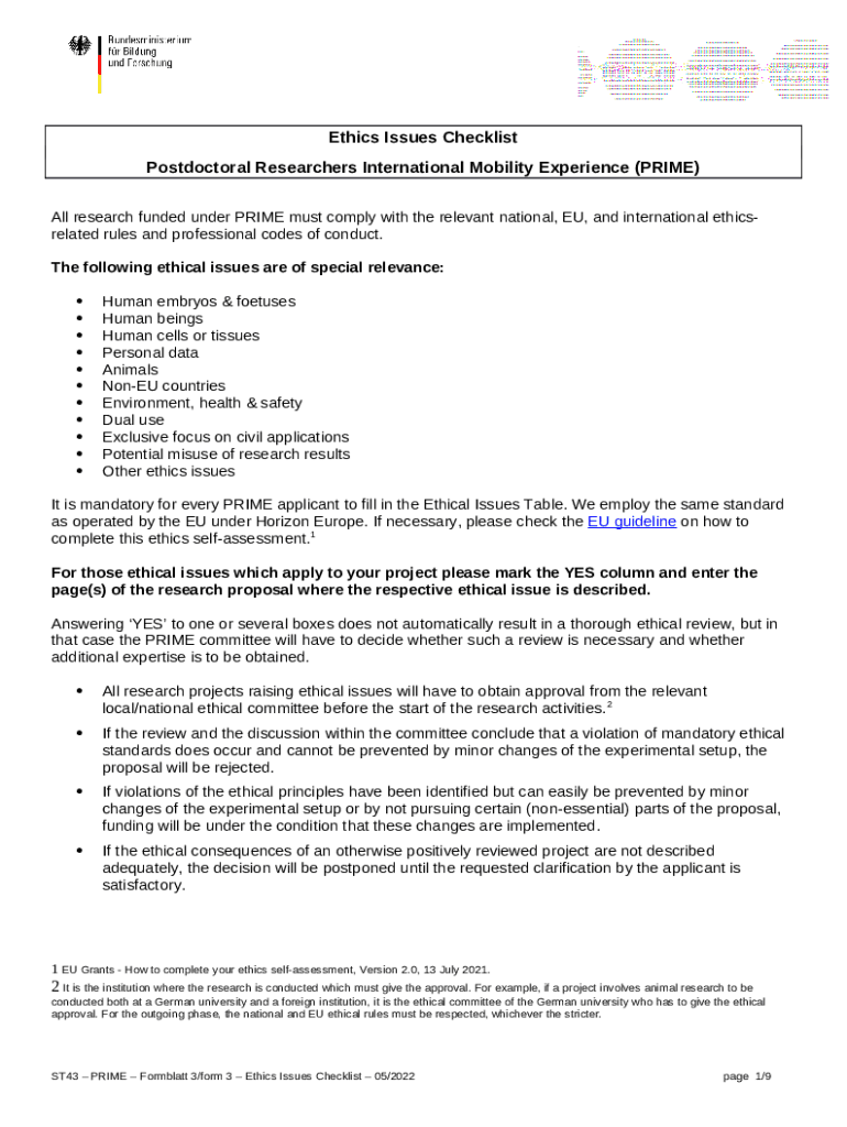 Ethics Issues Checklist Postdoctoral Researchers International Mobility ...