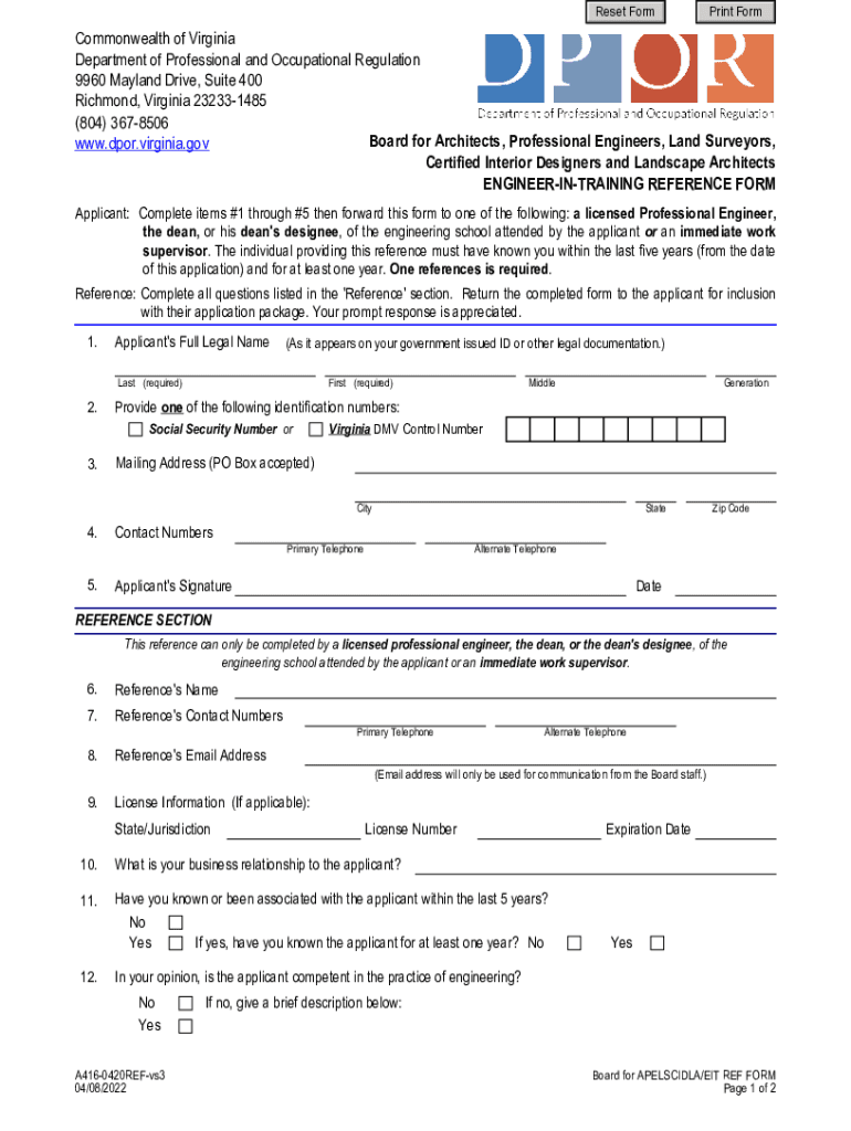 Fillable Online A416-0420REF - ENGINEER-IN-TRAINING REFERENCE FORM Fax ...