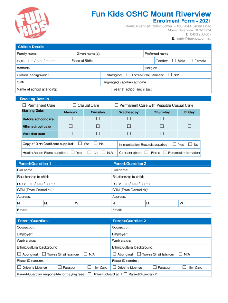 Fillable Online OSHC Enrolment Form Fax Email Print - pdfFiller