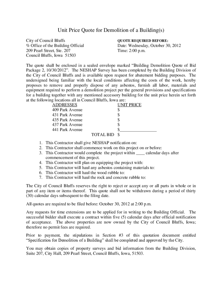 Fillable Online Get the free Unit Price Quote for Demolition of a ...