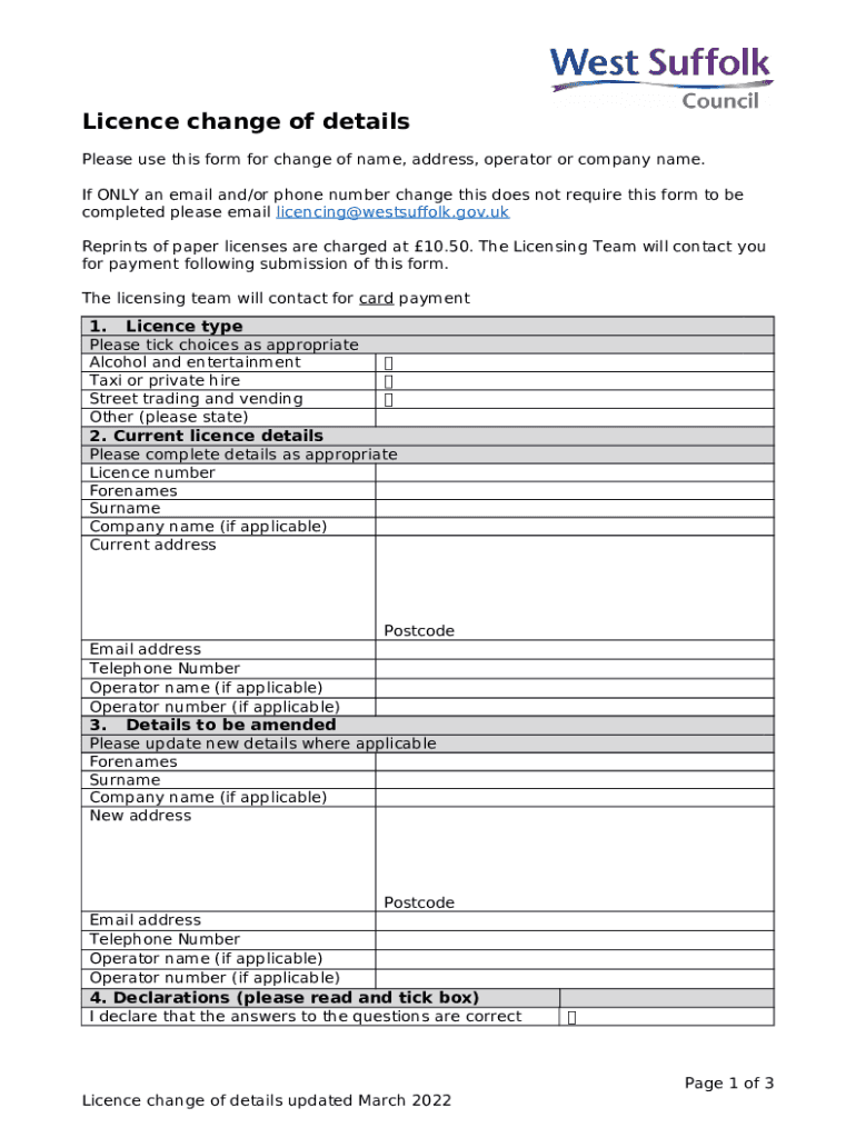 Licence change of details . to complete for a change to the name ...