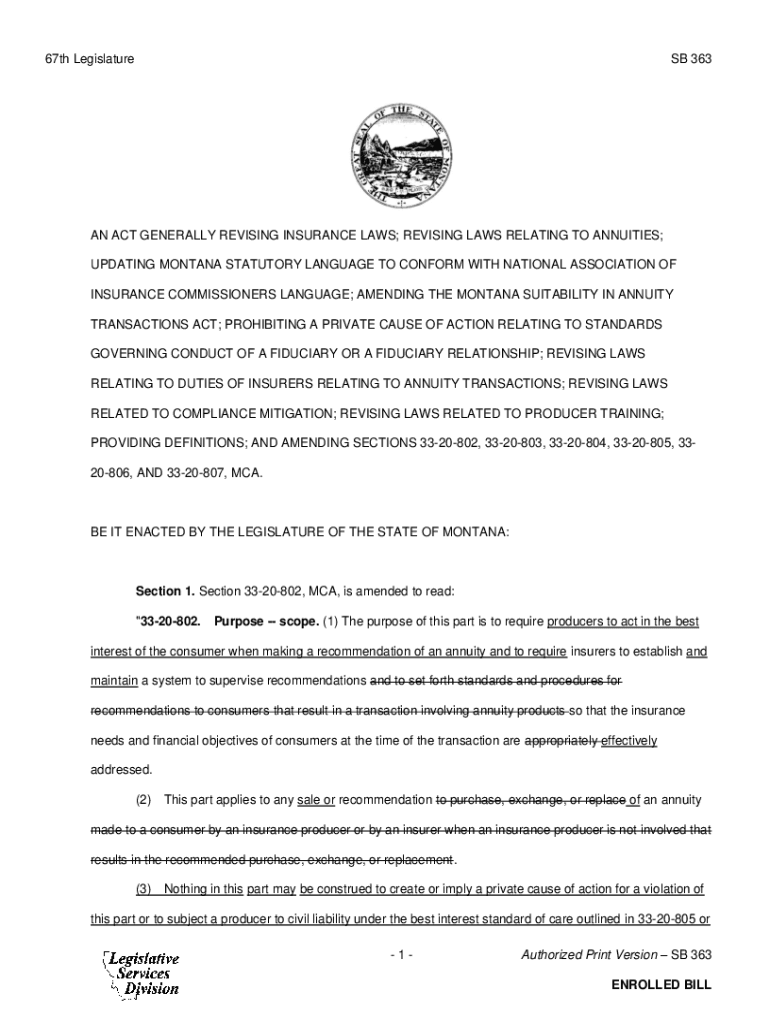 Fillable Online leg mt Authorized Print Version SB 363 ENROLLED BILL AN ...