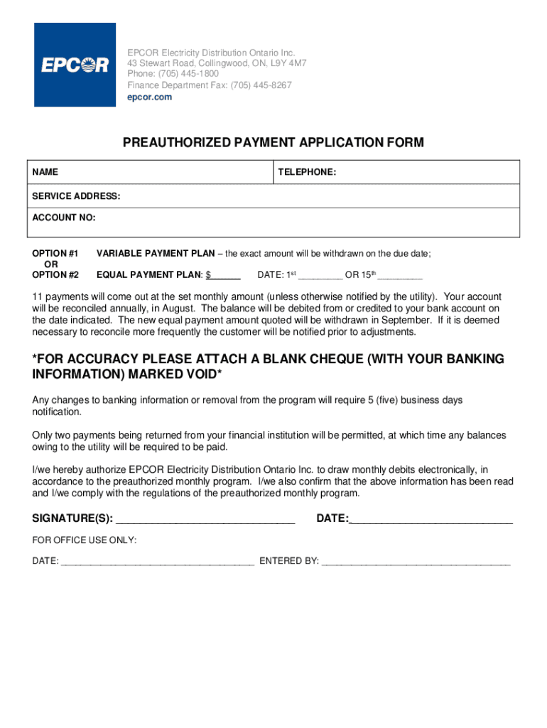 Fillable Online Pre-authorized Payment Application Form - EPCOR ...