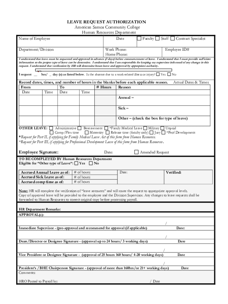 Fillable Online LEAVE REQUEST AUTHORIZATION Fax Email Print - pdfFiller