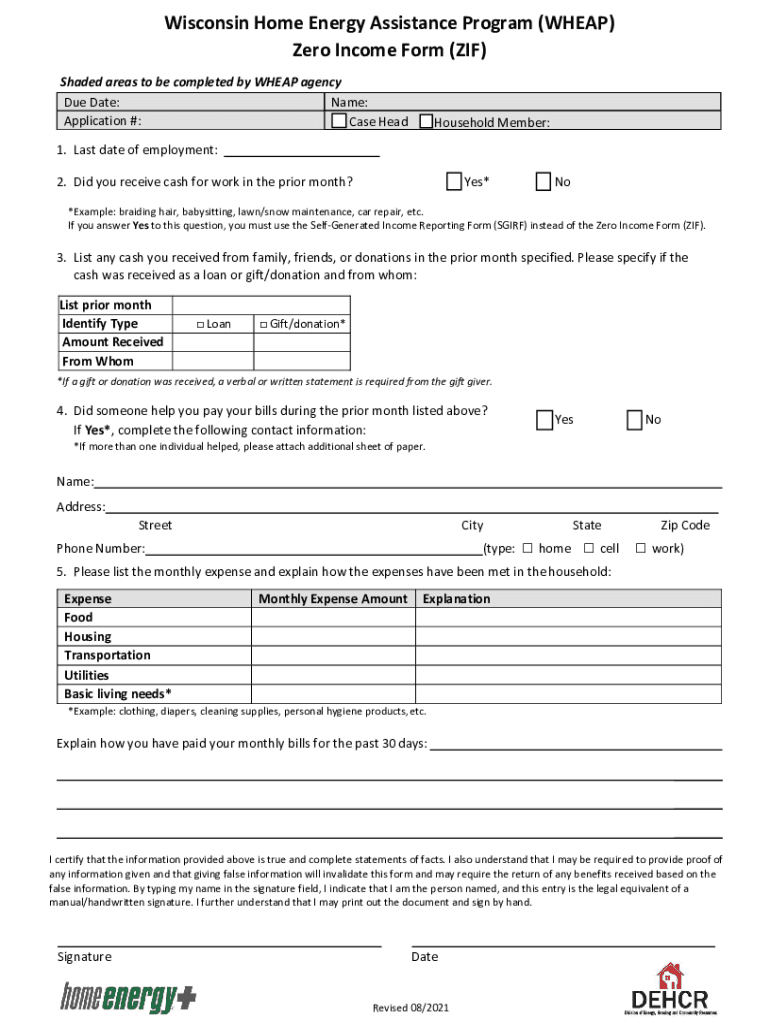 Fillable Online Wisconsin Home Energy Assistance Program (WHEAP) Zero ...