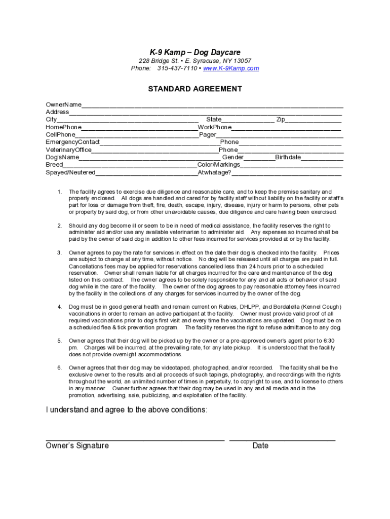 Fillable Online Standard Agreement form - K-9 Kamp Fax Email Print ...