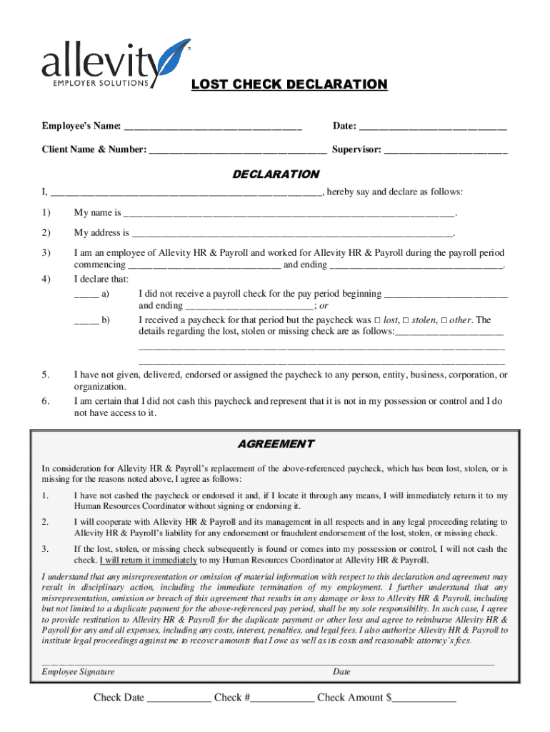 Fillable Online Lost Check Declaration Fax Email Print - pdfFiller