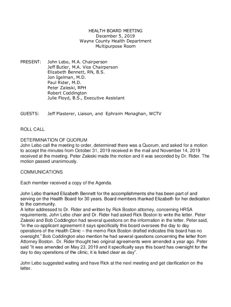 Fillable Online ROLL CALL DETERMINATION OF QUORUM John Lebo call the ...