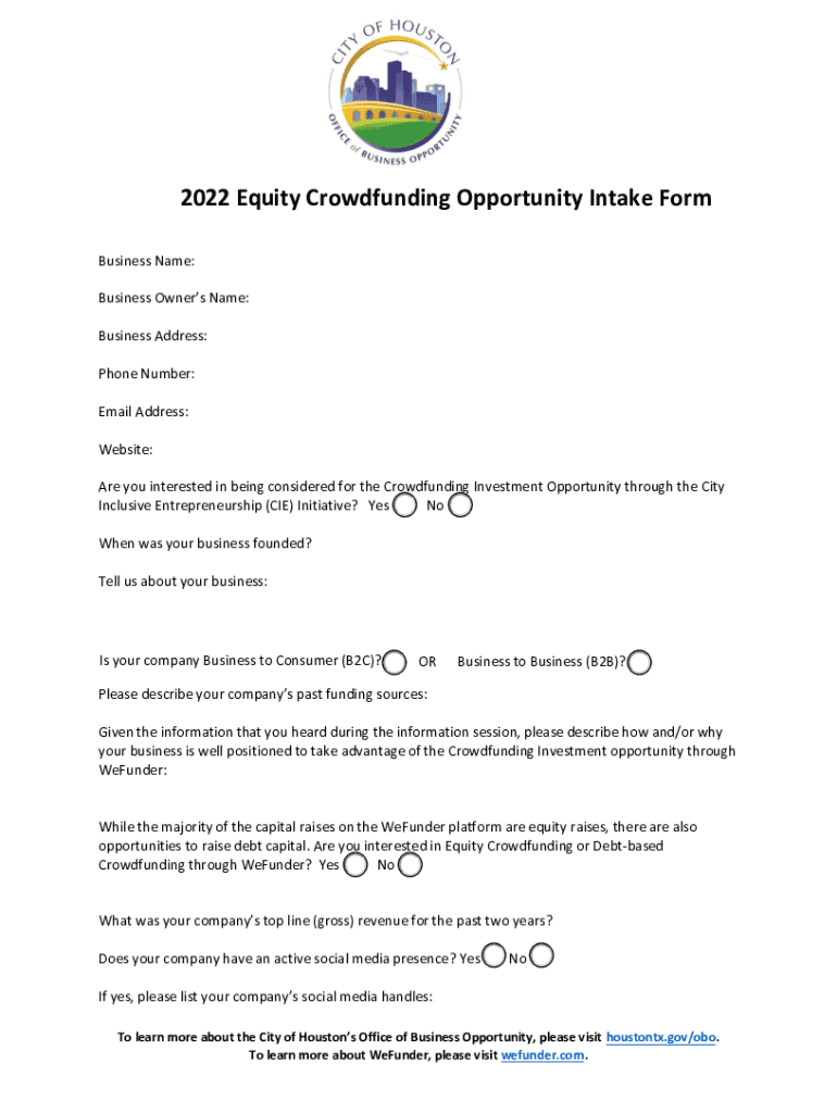 Fillable Online www.houstontx.govoboCIE-Intake-Form2022 Equity ...