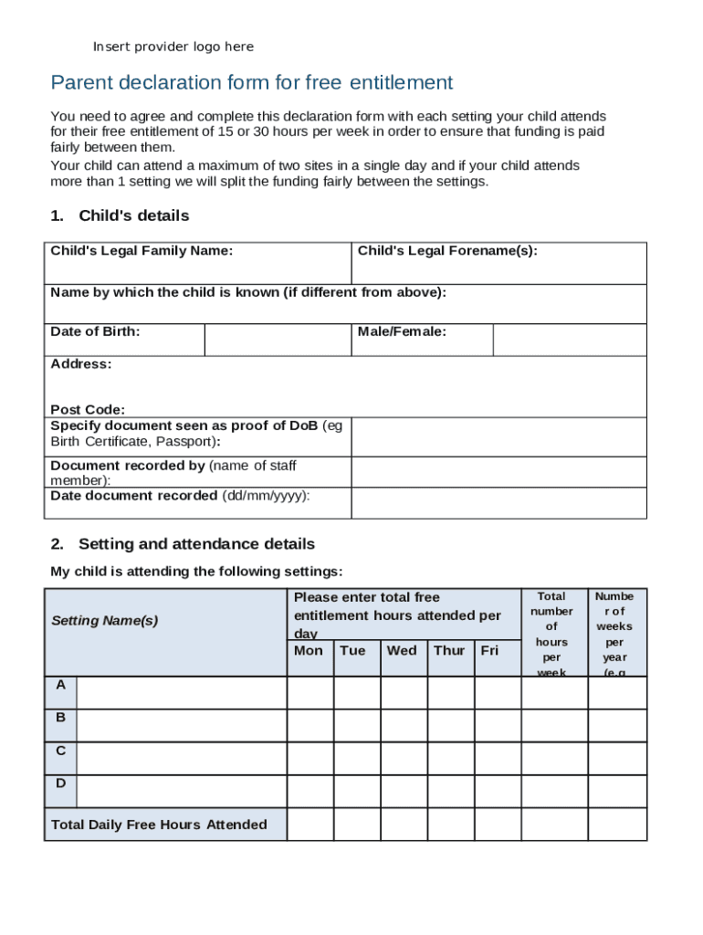 Annex A Parent Declaration for the Free Entitlements Doc Template ...