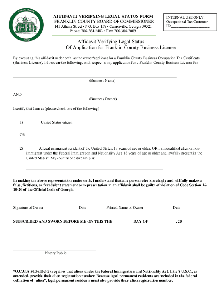 Fillable Online Affidavit Verifying Legal Status Of Application for ...