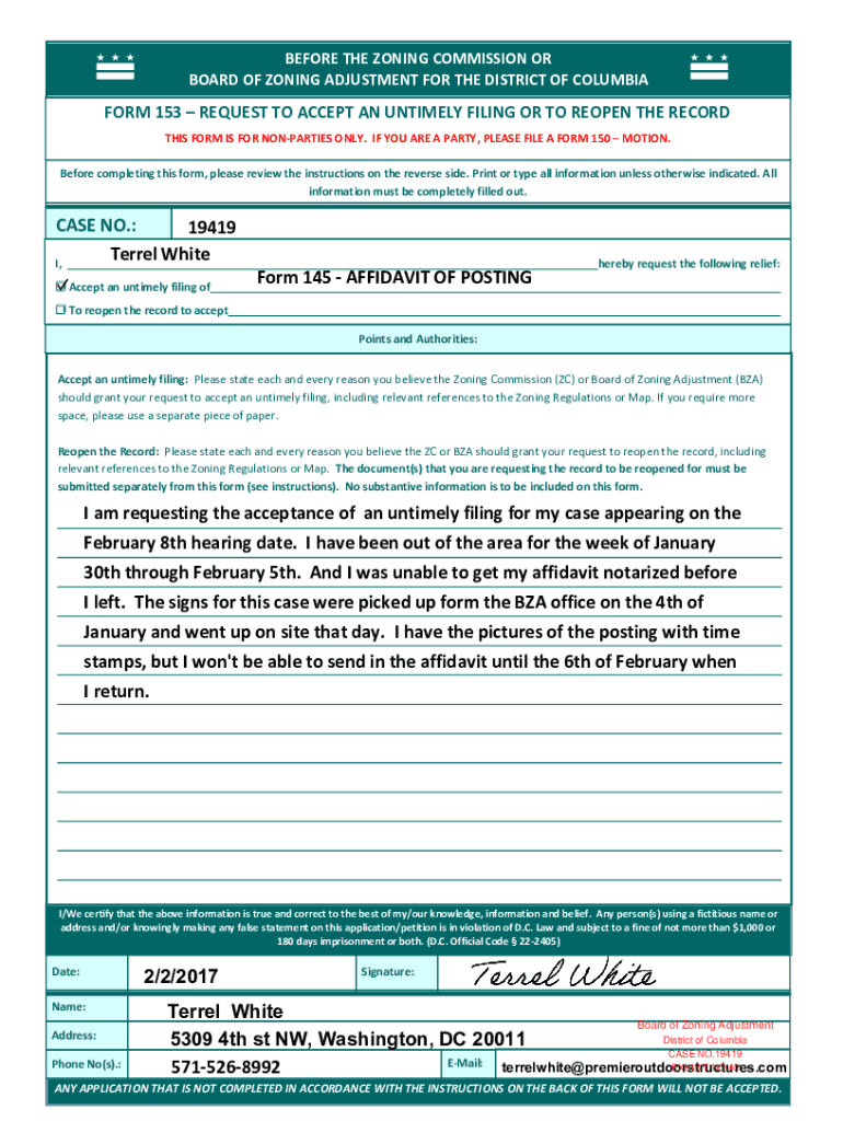 Fillable Online 19419 Terrel White Form 145 - AFFIDAVIT OF POSTING I am ... Fax Email Print ...