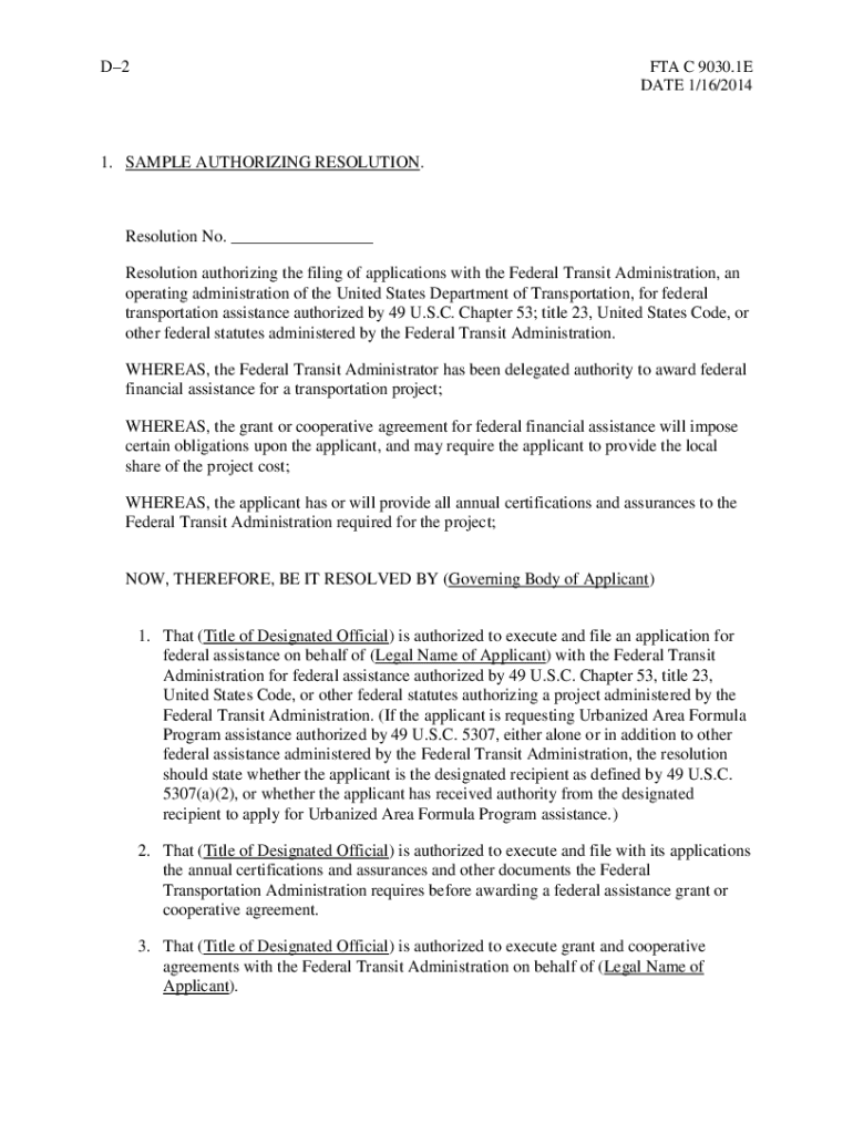 Fillable Online Sample Authorizing Resolution from FTA Circular 9030.1E ...