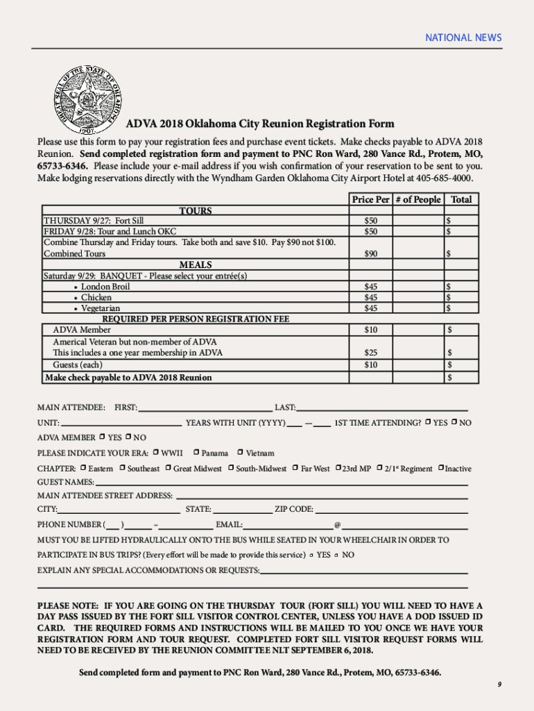 Fillable Online ADVA 2018 Oklahoma City Reunion Registration Form Fax Email Print - pdfFiller