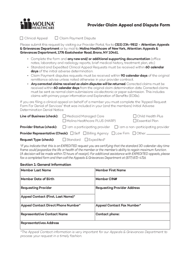 Fillable Online Provider Claim Appeal and Dispute Form. Provider Claim ...
