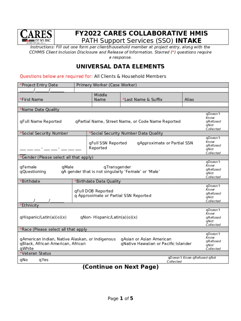 FY2022 CARES COLLABORATIVE HMIS PATH Support Services (SSO) INTAKE Doc ...