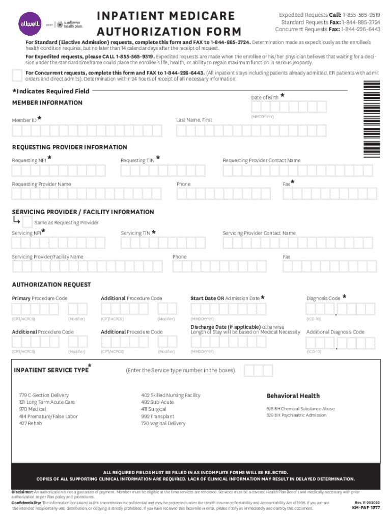 Fillable Online KM-PAF-1277 - Inpatient Medicare Authorization Form ...